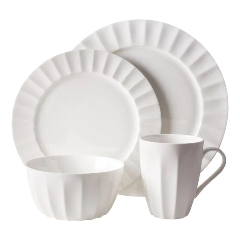 Fitz and Floyd Nevaeh White Fluted 16-Piece Chip-Resistant Bone China Dinnerware Set, Service ...